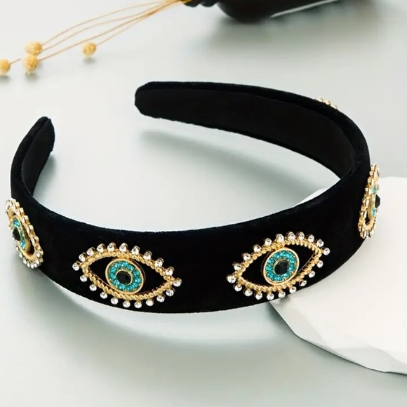 Accessories | Evil Eye Headband With Rhinestones In Goldtone Black ...